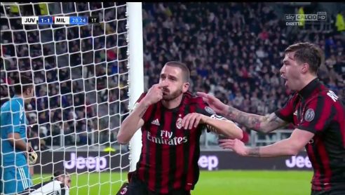 L'esultanza di Bonucci: gol alla Juve e si sciacqua la bocca