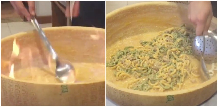 La pasta mantecata nella forma di parmigiano: da leccarsi i baffi
