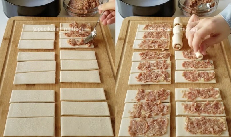 Cut puff pastry and roll it up for a fast and tasty recipe