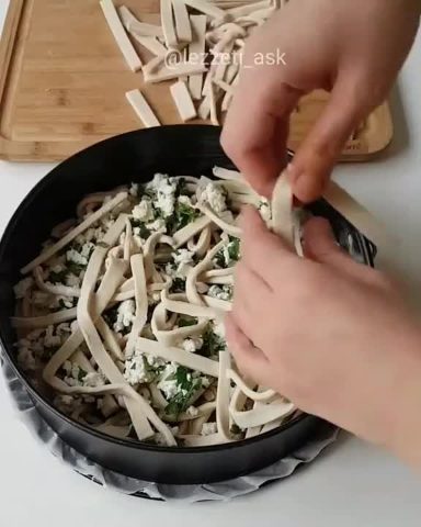 Cut puff pastry into strips and make a delicious savory cake