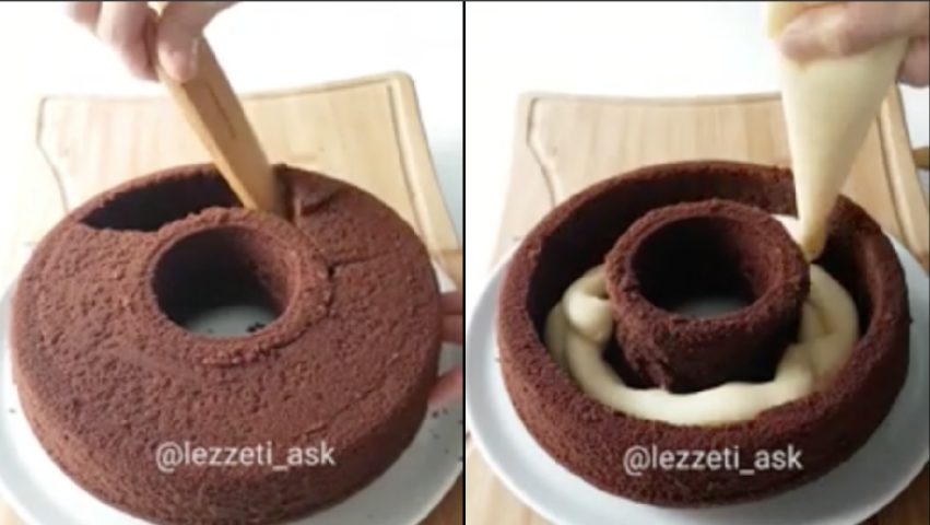 Empty the cake and fill it with cream: a mouthwatering dessert