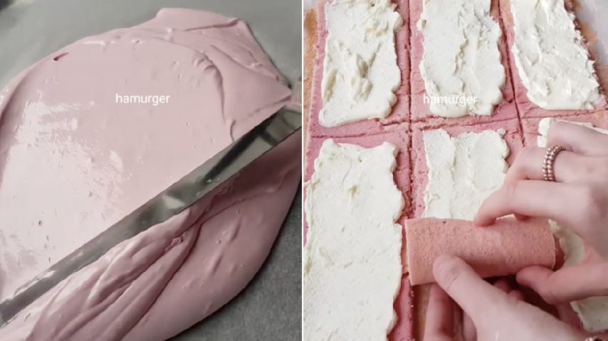 Fill the pink dough and roll it: a colored and delicious dessert